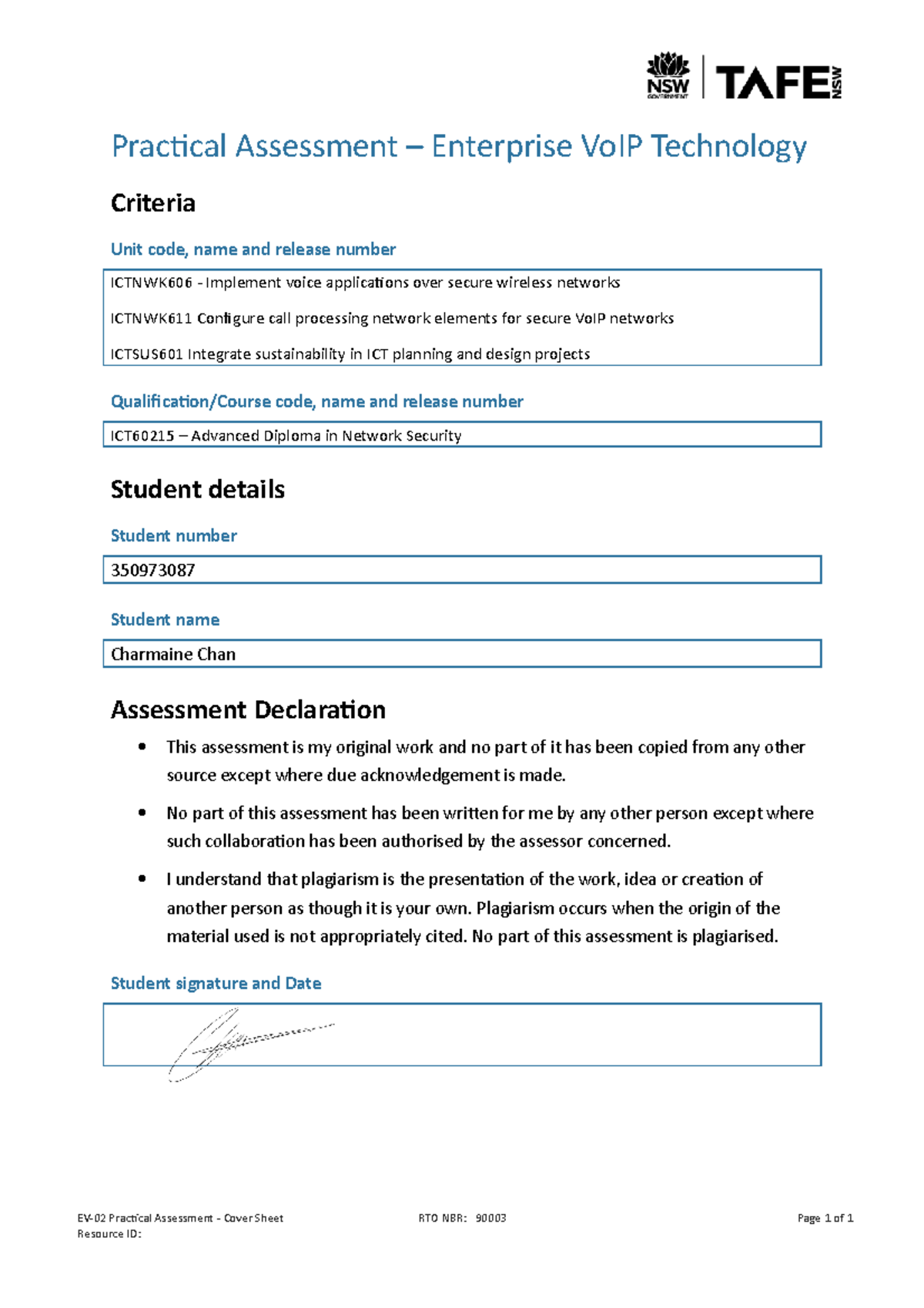 EV-02 Practical Assessment - Cover Sheet - Pracical Assessment ...