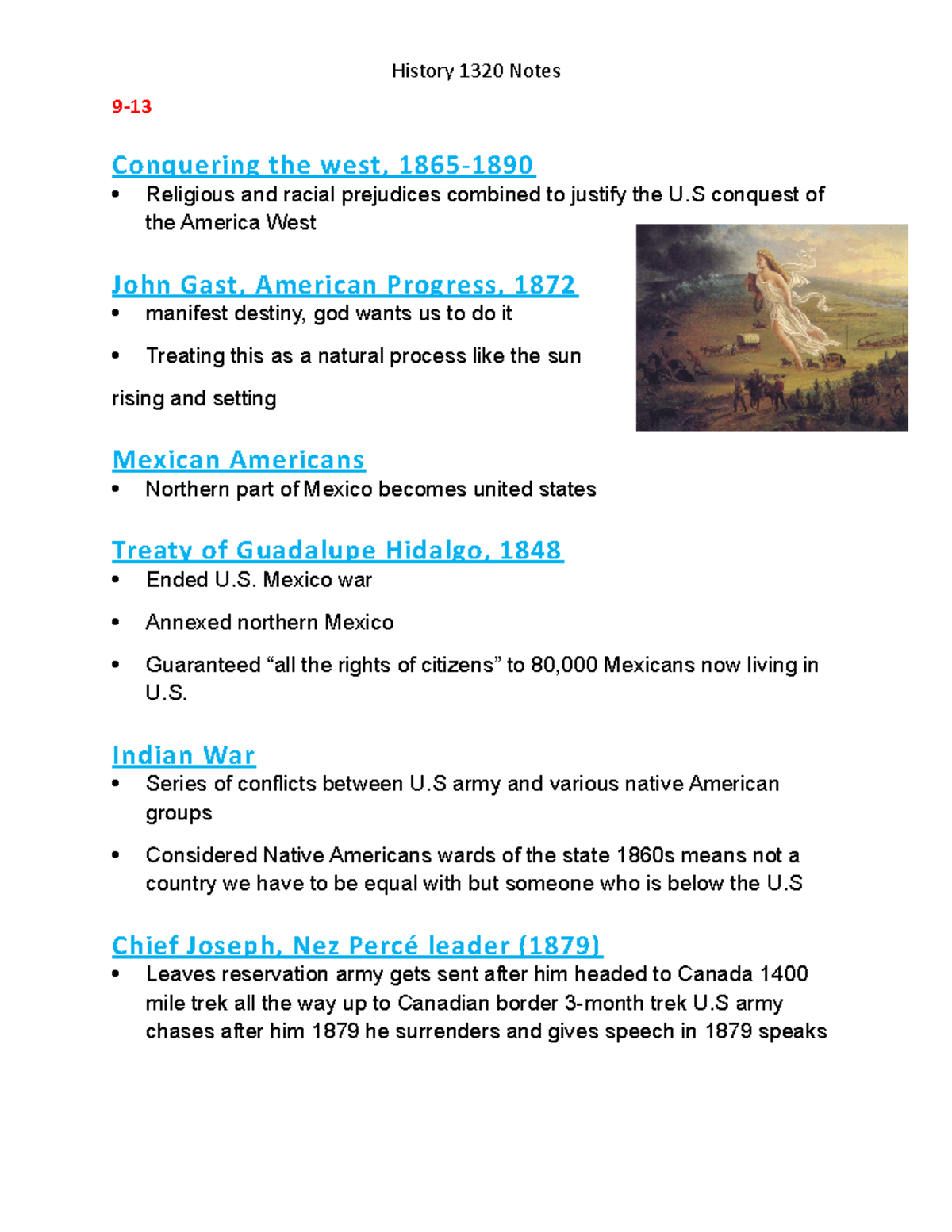 History 1320 Notes - History 1320 Notes 9- Conquering the west, 1865 ...