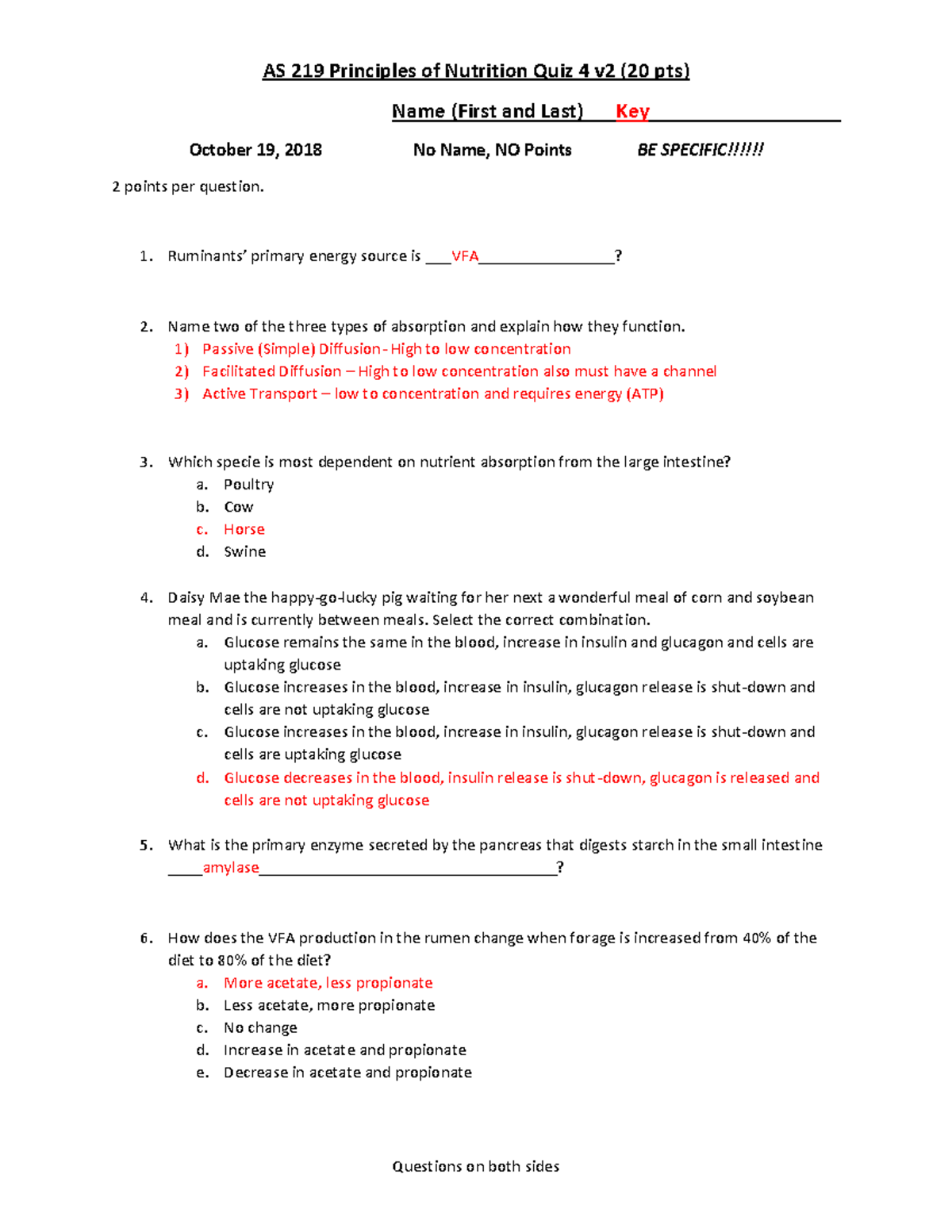 AS 219 Quiz 4 - October 19th v2 - key - AS 219 Principles of Nutrition ...