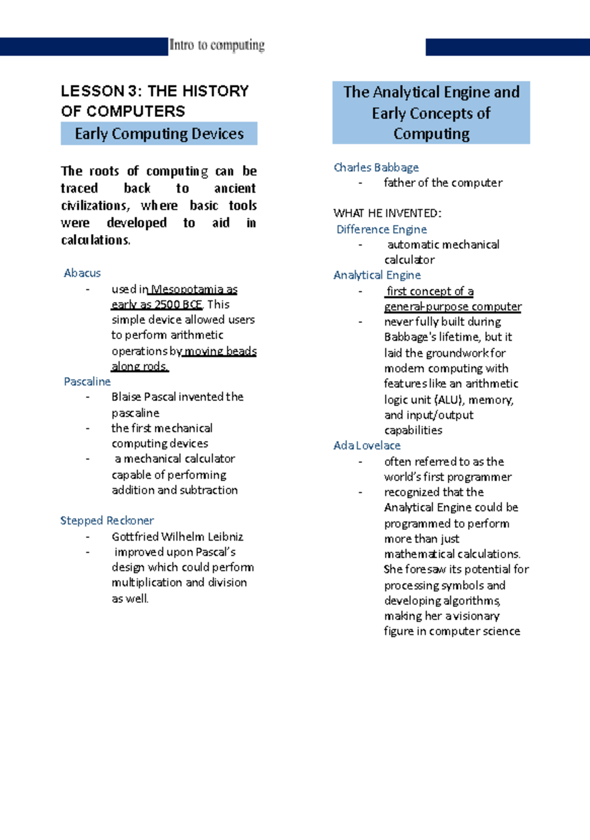 Intro to comp reviewer - lesson 2 - LESSON 3: THE HISTORY OF COMPUTERS Early Computing Devices ...