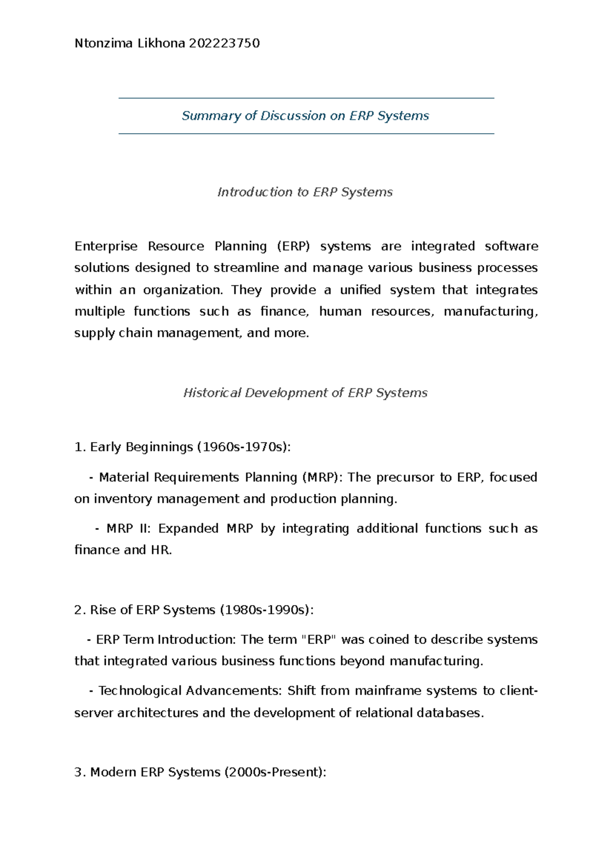 Summary of Discussion on ERP Systems - Summary of Discussion on ERP ...