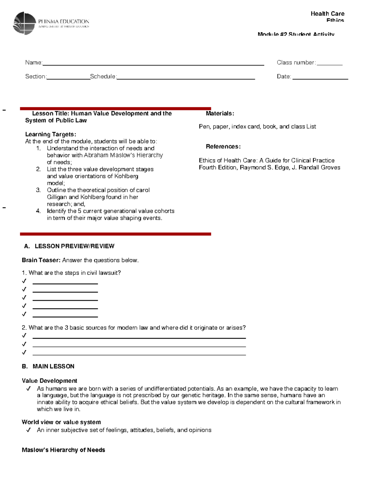 SAS 2 Bioethics - Ethics (Bioethics) Module #2 Student Activity Sheet ...