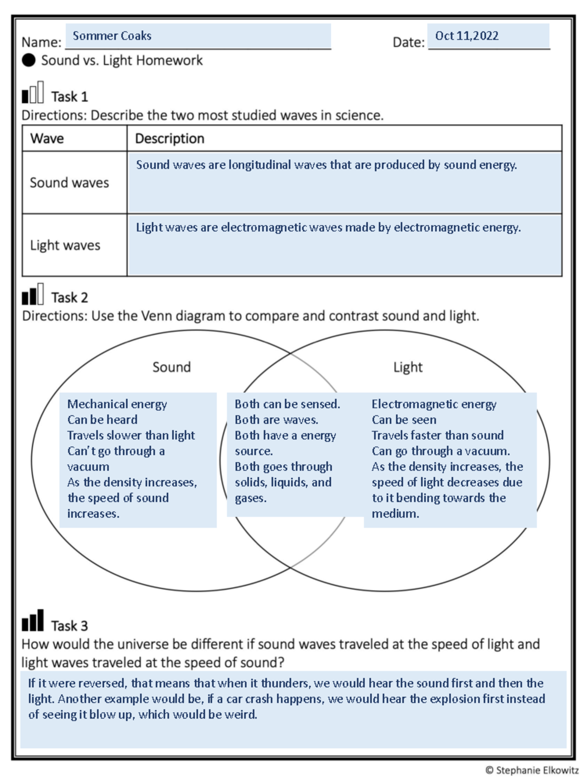 Sound vs Light Homework Fillable Slide - Sommer Coaks Oct 11, If it ...