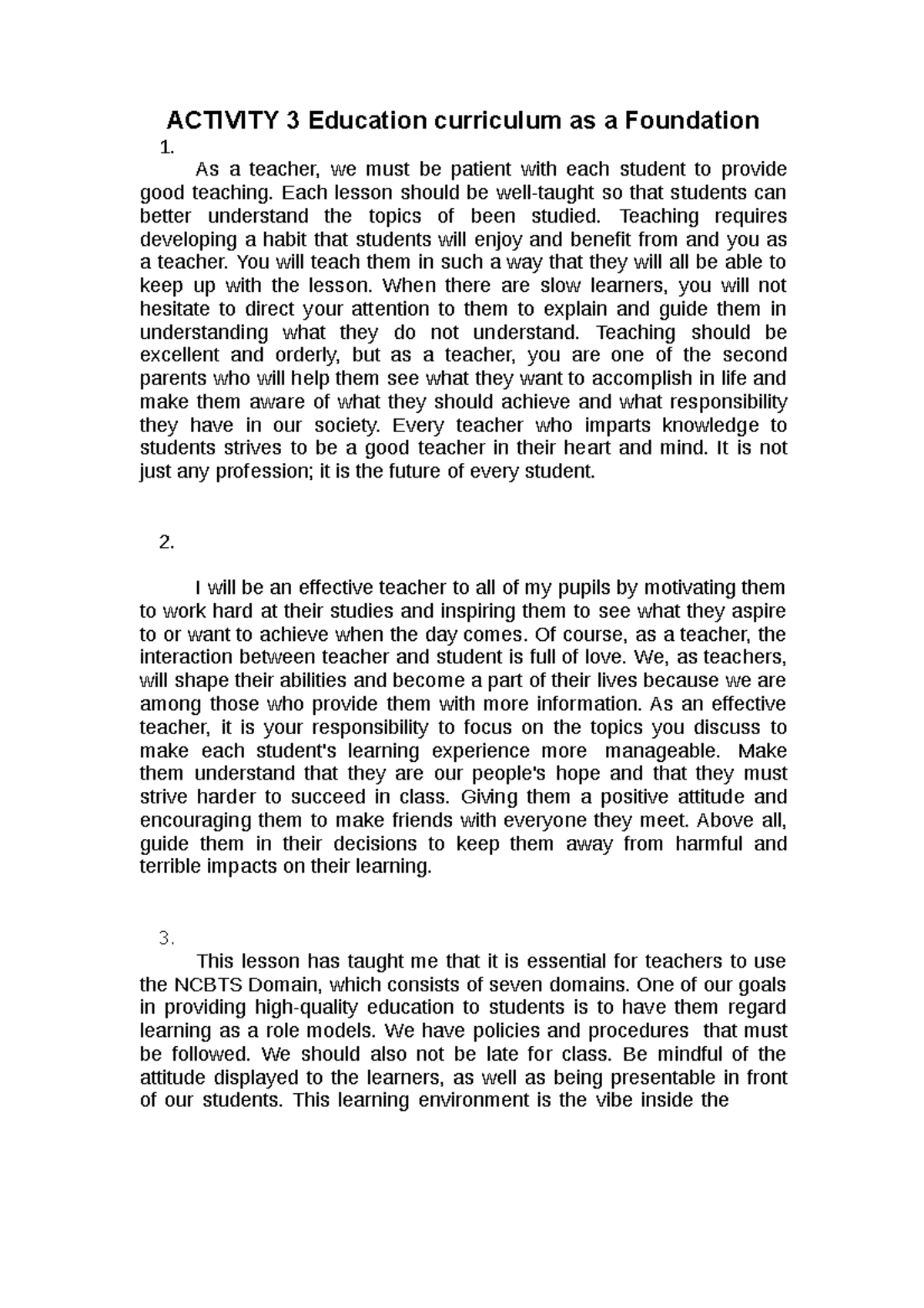 Activity 3 Education Curriculum as a Foundation - ACTIVITY 3 Education ...