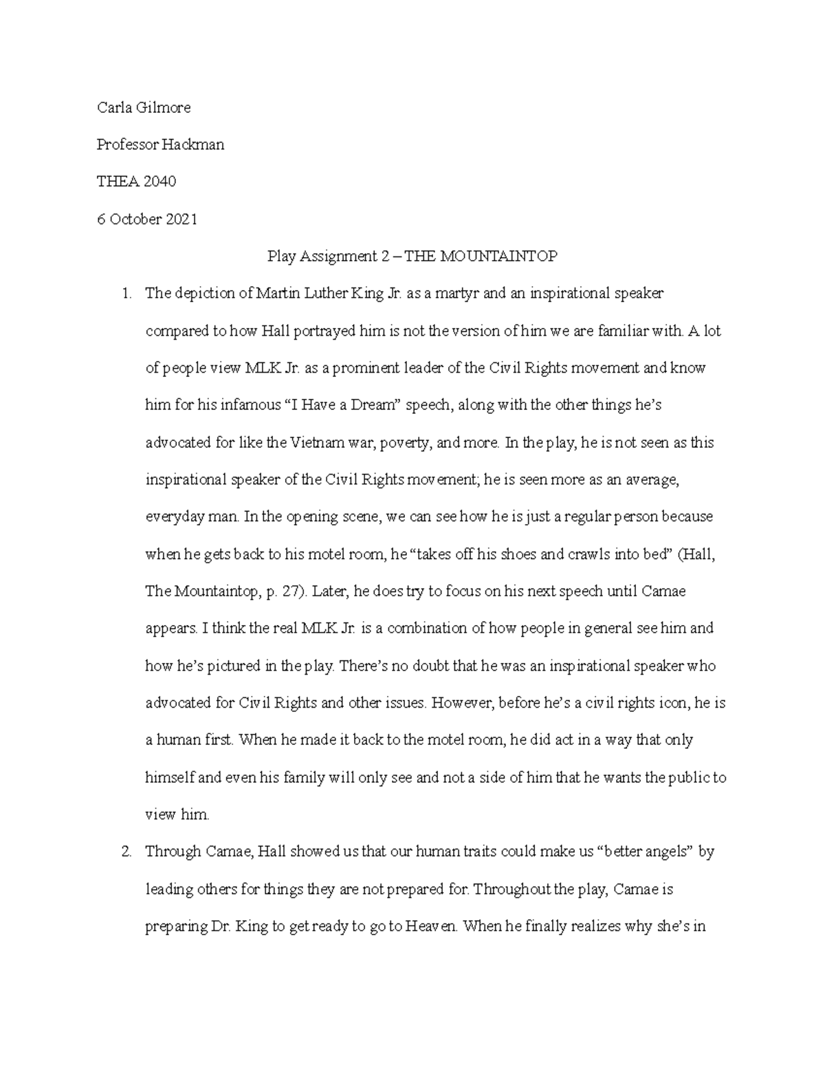 Play Assignment 2 - Carla Gilmore - Carla Gilmore Professor Hackman ...