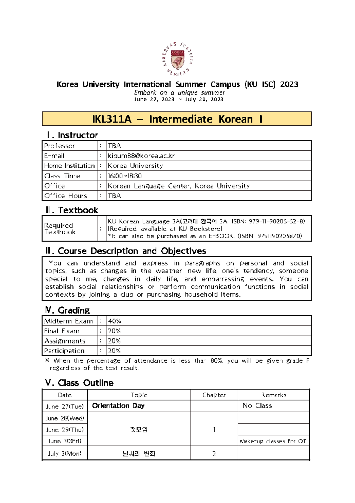 IKL311A Intermediate Korean I Syllabus - Korea University International ...