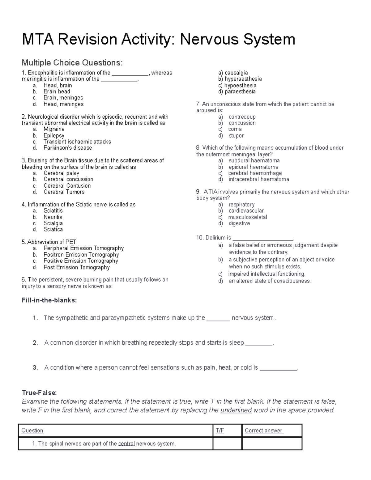Blank MTA Revision Activity Nervous System - MTA Revision Activity ...