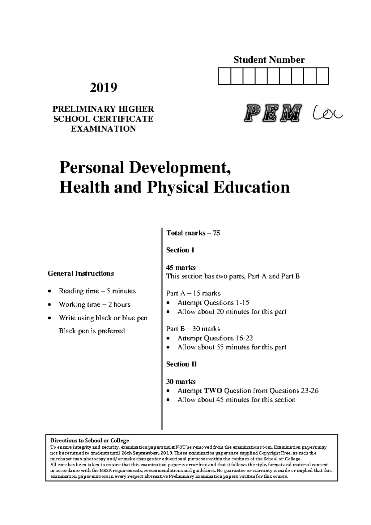 PEM 2019 Pdhpe Preliminary Exam - 2019 PRELIMINARY HIGHER SCHOOL ...