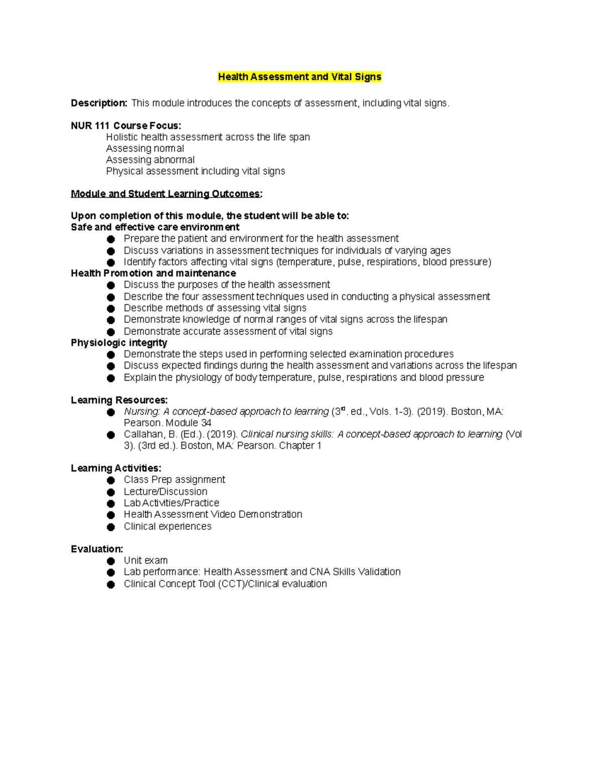 Exam 1 Learning Modules - Health Assessment and Vital Signs Description ...