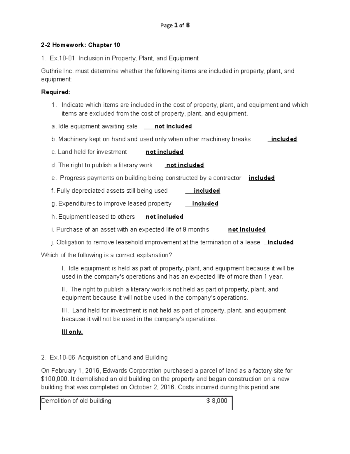 ACC 308- week2- 2-2 Homework- Chapter 10 - 2-2 Homework: Chapter 10 Ex ...