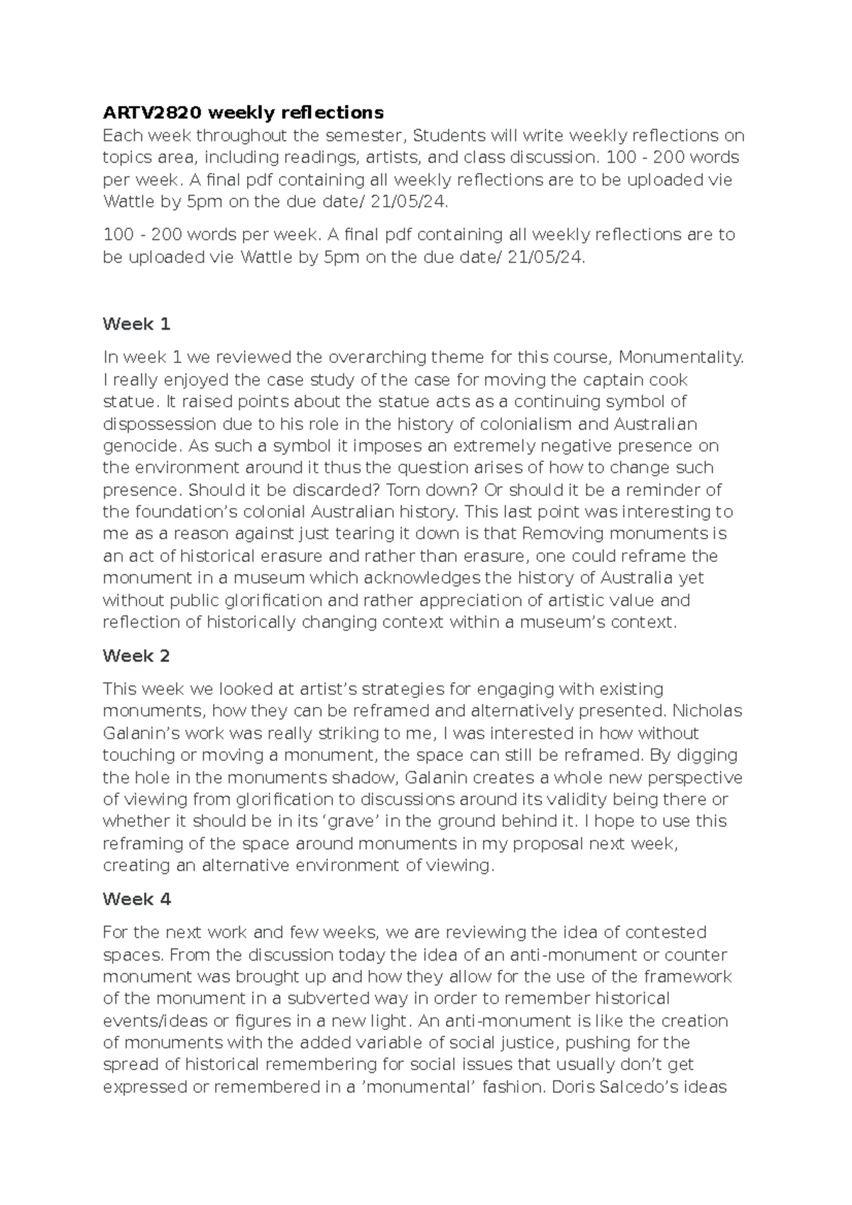 ARTV2820 weekly reflections - 100 - 200 words per week. A final pdf ...