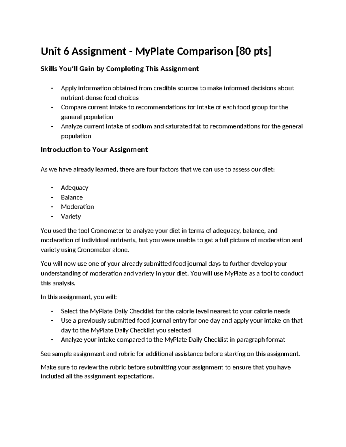 Unit 6 Assignment Instructions - My Plate Comparison - Unit 6 ...