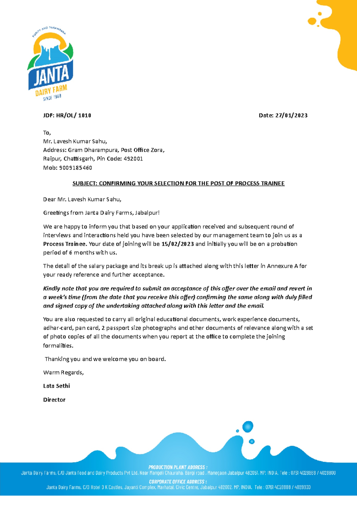 Lavesh Kumar Sahu final offer letter - JDF: HR/OL/ 1010 Date: 27/01/ To ...