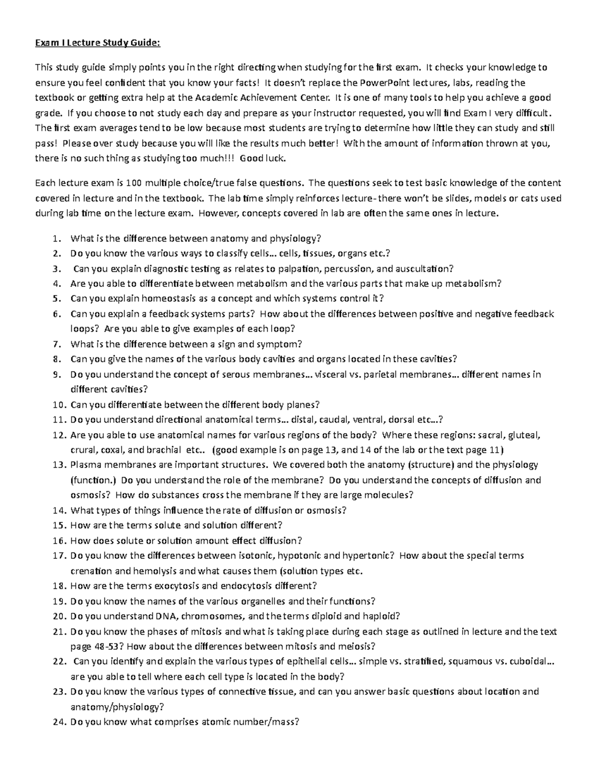 Exam I Lecture Study Guide BIO 168 Anatomy - Exam I Lecture Study Guide ...