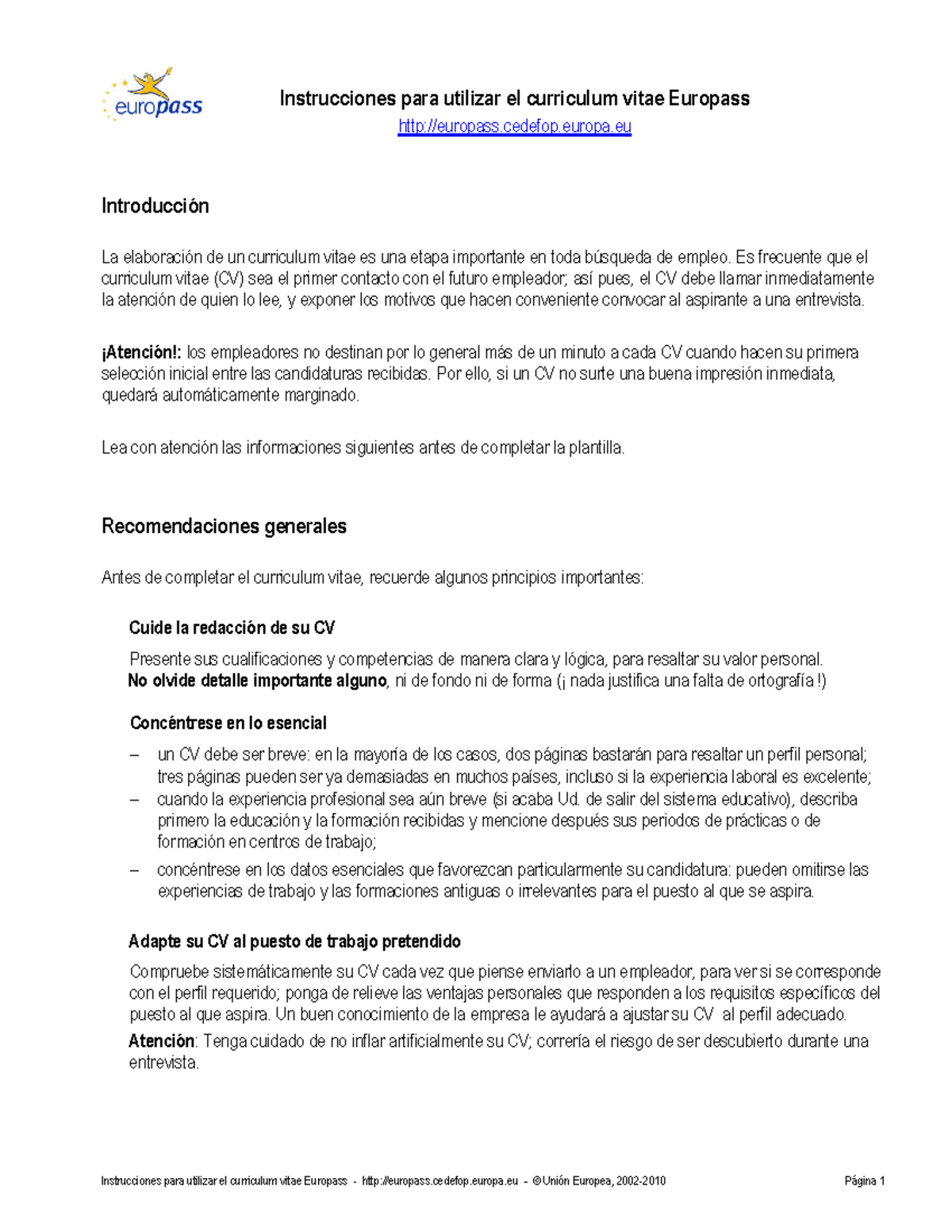 CVInstructions - INSTRUCCIONES TIPS PARA ELABORAR CV - Instrucciones para utilizar el curriculum ...
