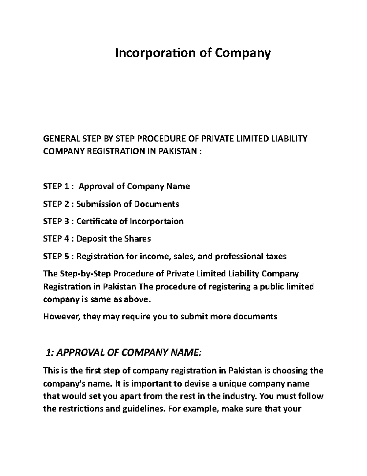 Incorporation of Company / registration of a company - Incorporation of ...