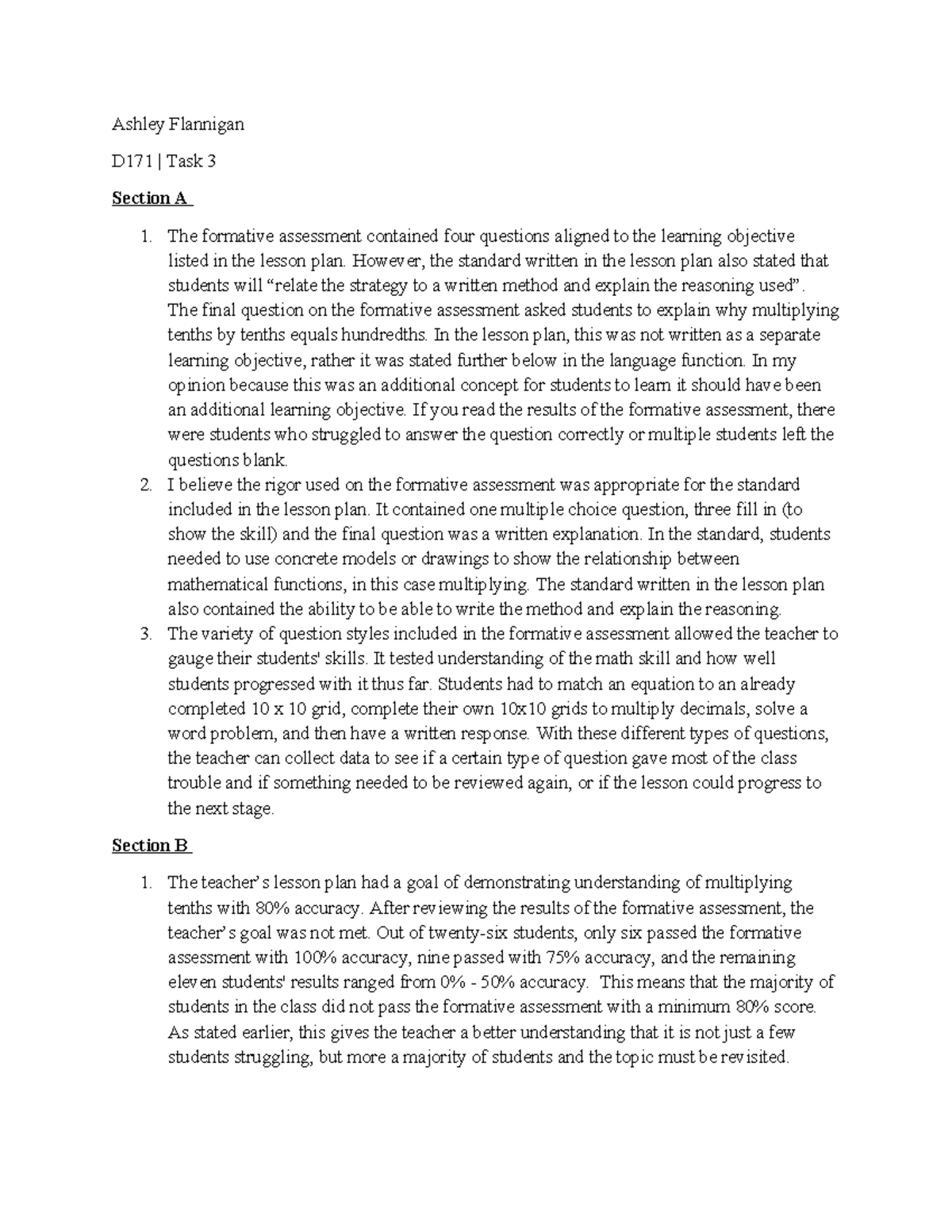 Ashley Flannigan D171 Task3 - The formative assessment contained four ...