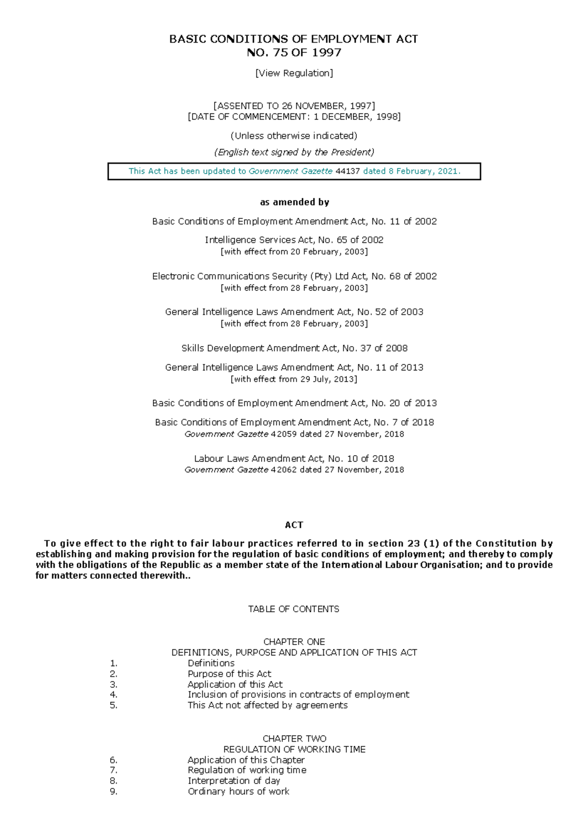 Basic Conditions of Employment Act No - BASIC CONDITIONS OF EMPLOYMENT ...