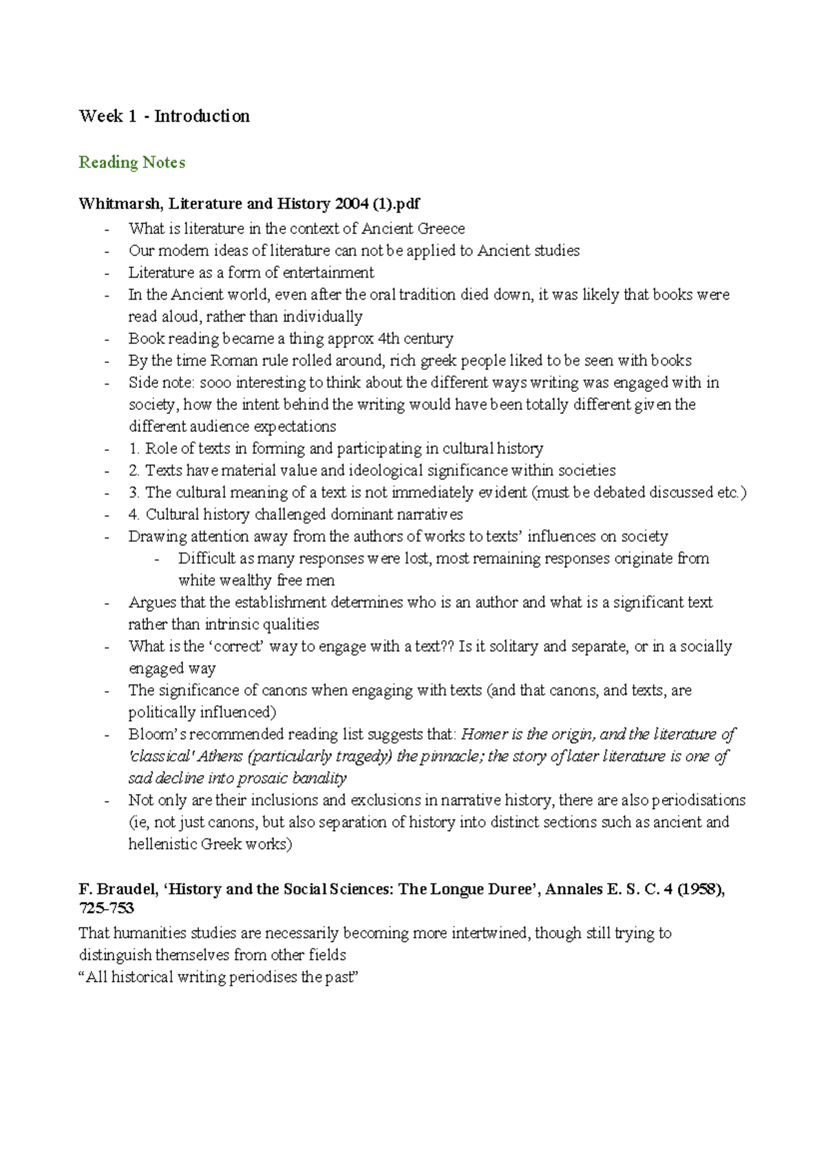 Ancient Greece Notes - Week 1 - Introduction Reading Notes Whitmarsh ...