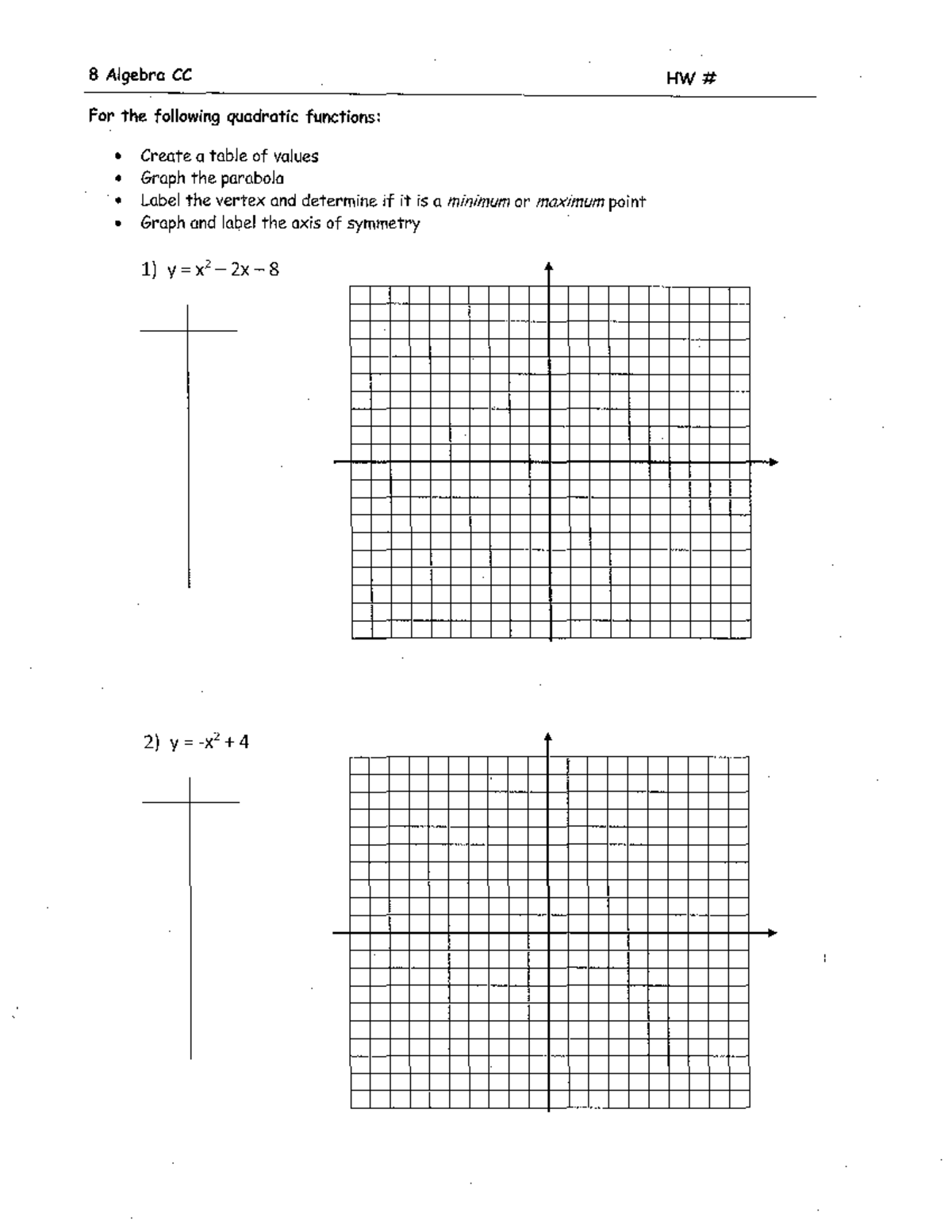 Quadratic Function and Root HW - 8 Algebra CC HW For the following quadratic functions: Create a ...