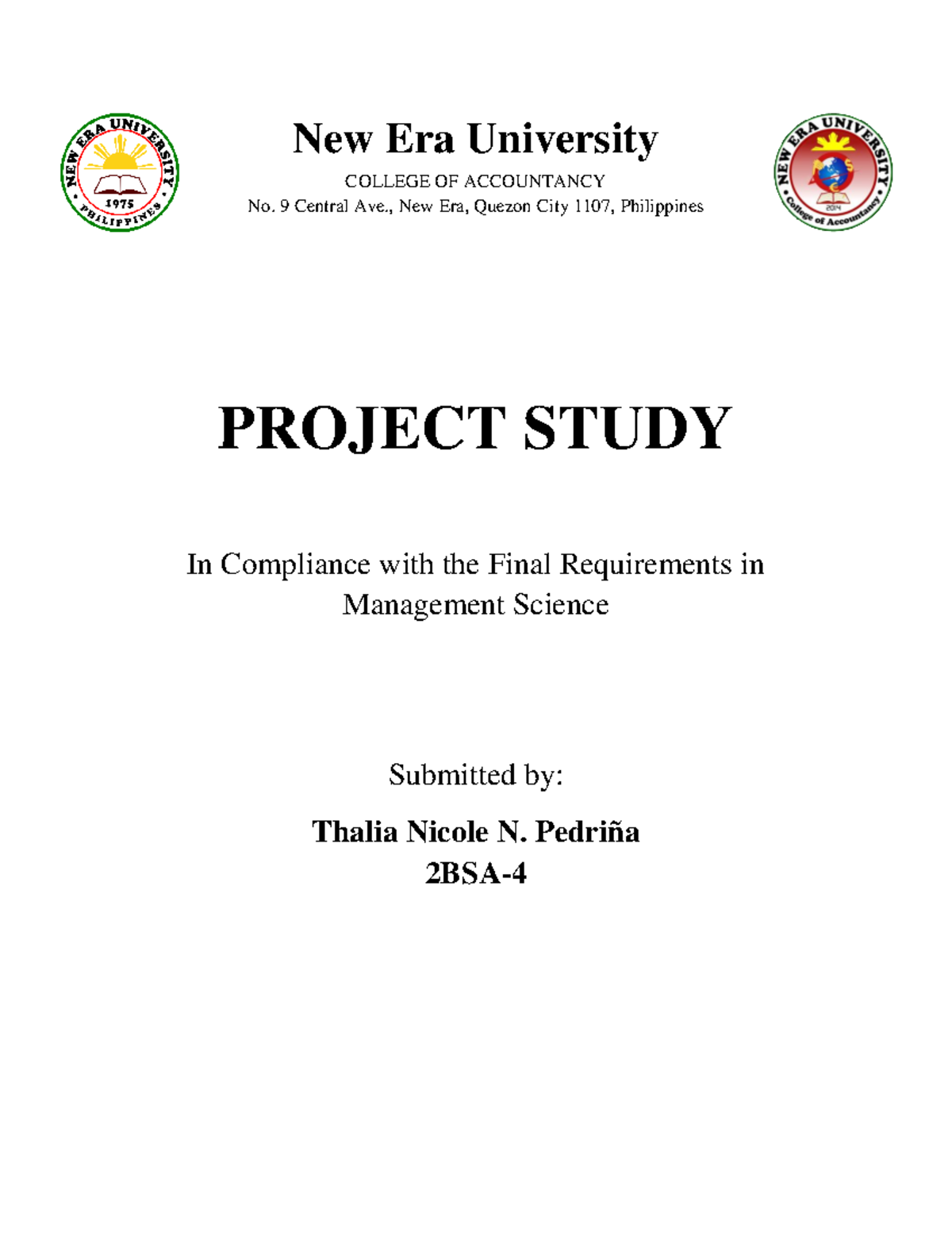 Pedrina Project Study - New Era University COLLEGE OF ACCOUNTANCY No. 9 ...