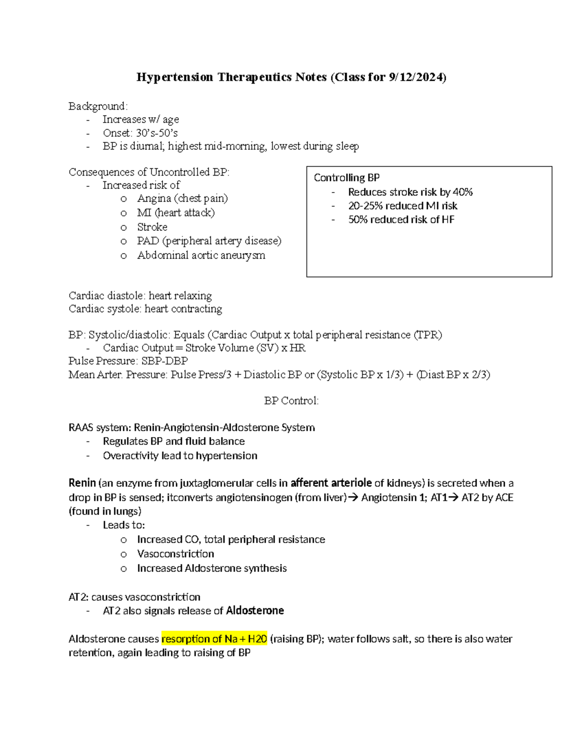Hypertension Therapeutics Notes - Pressure: Pulse Press/3 + Diastolic ...