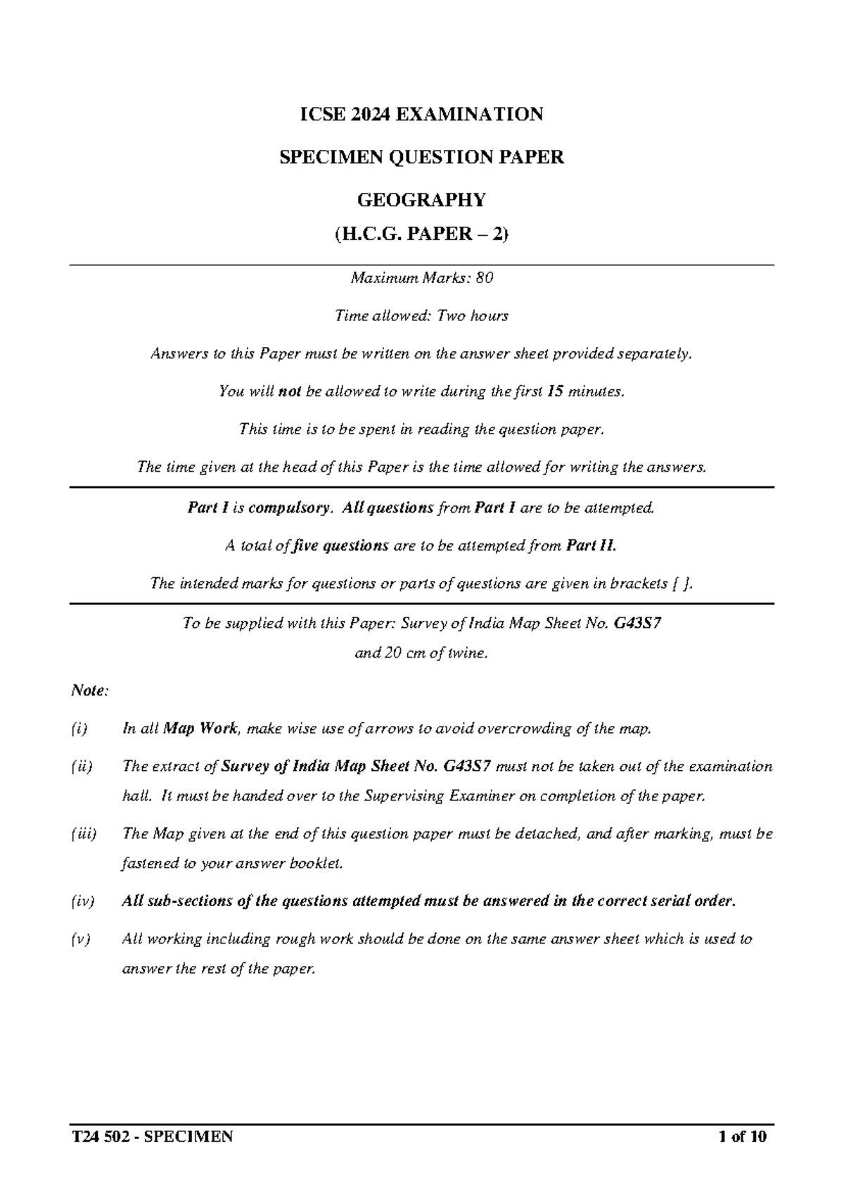 ICSE 2024 Specimen 502 HCG2 - T24 502 - SPECIMEN 1 of 10 ICSE 2024 ...