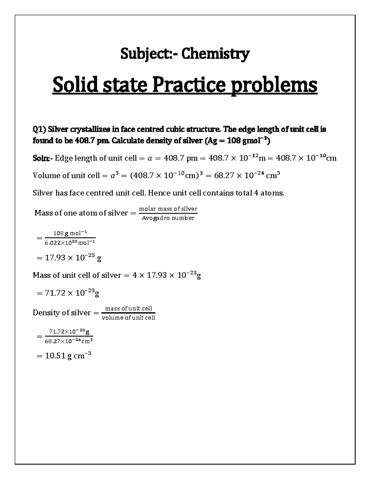 Solid state Practice problems - Subject:- Chemistry Solid state ...