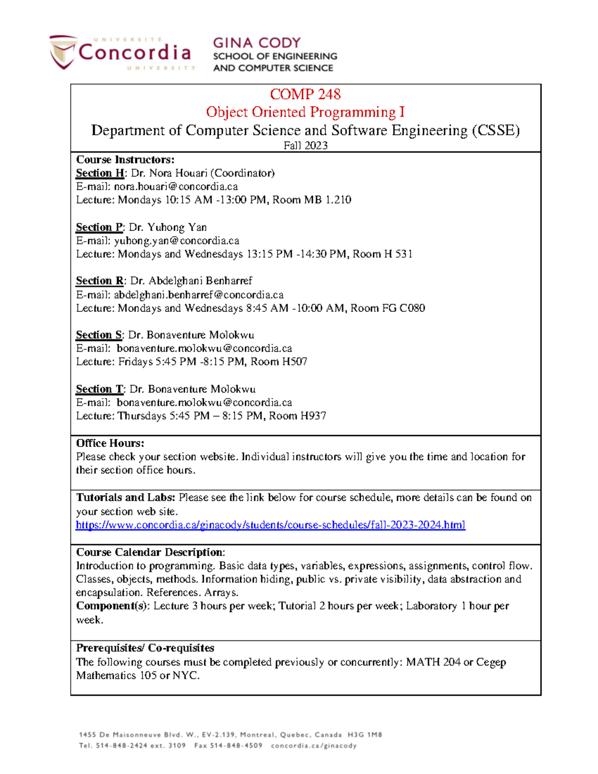 Comp248 F2023 Course Outline Comp 248 Object Oriented Programming I Department Of Computer
