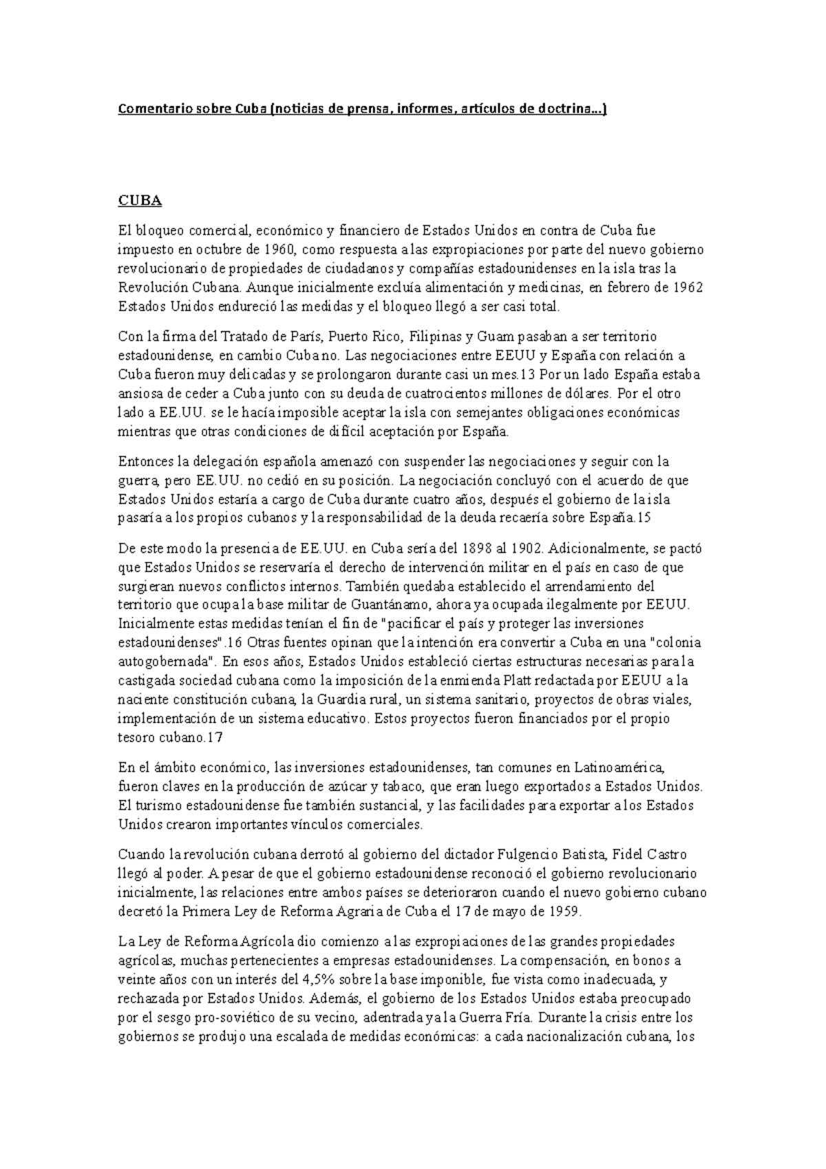 Practica 12 cuba - Apuntes 1 - Comentario sobre Cuba (noticias de ...