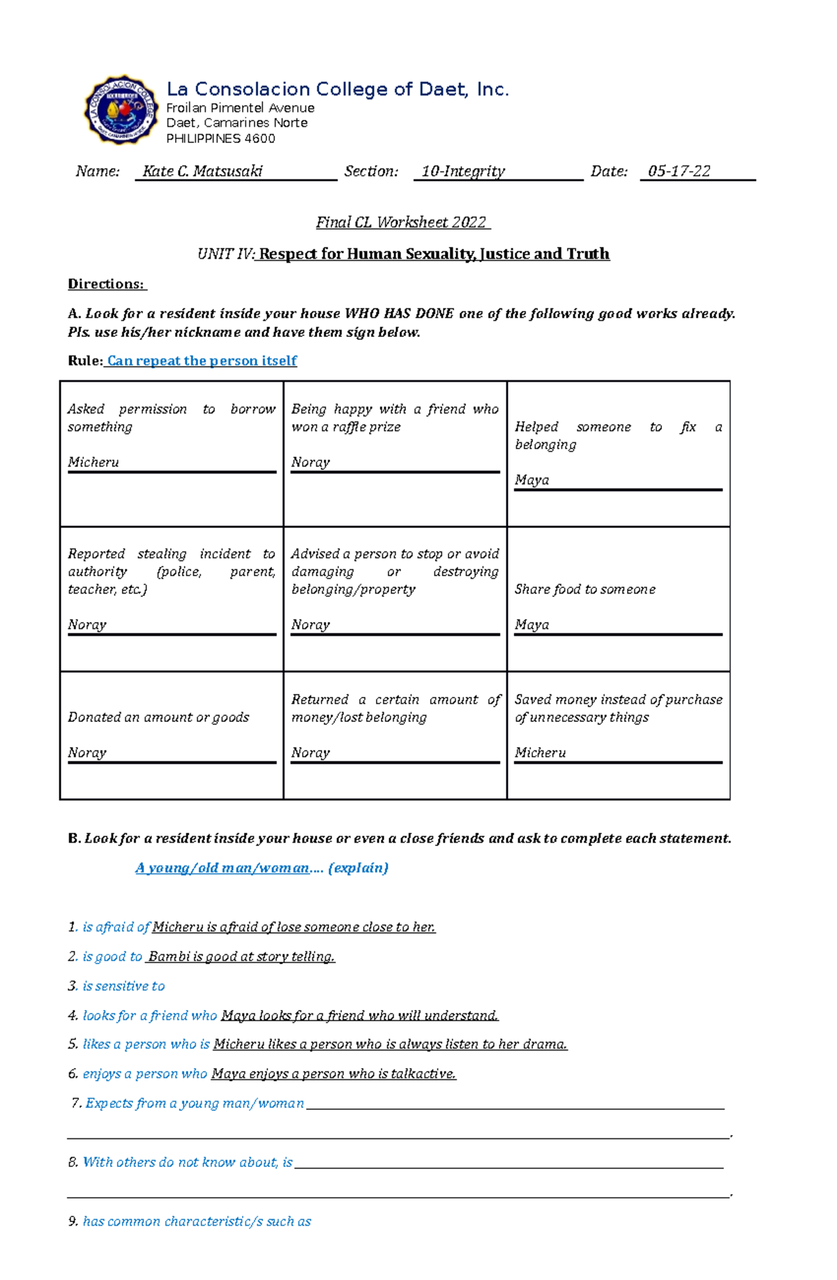 Matsusaki Final CL Worksheet 2022 - La Consolacion College of Daet, Inc ...