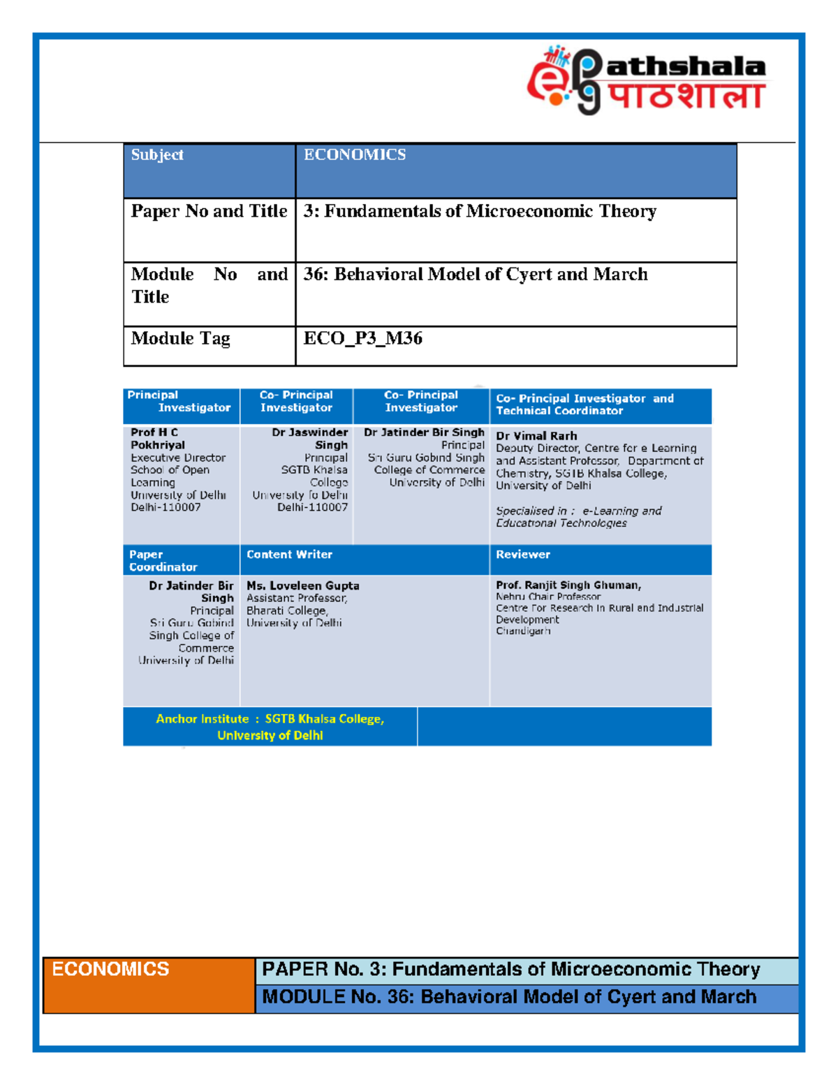 Module No and Title 36: Behavioral Model of Cyert and March - ECONOMICS ...