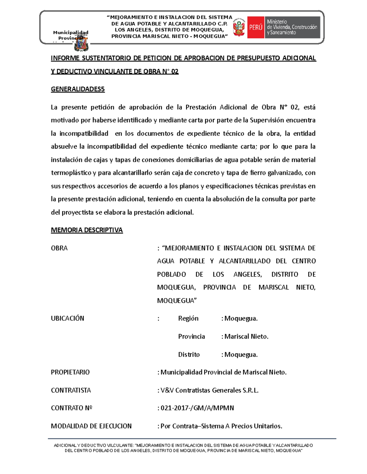 Adicional DE OBRA 02 - Conexiones Domiciliarias - INFORME SUSTENTATORIO DE PETICION DE ...