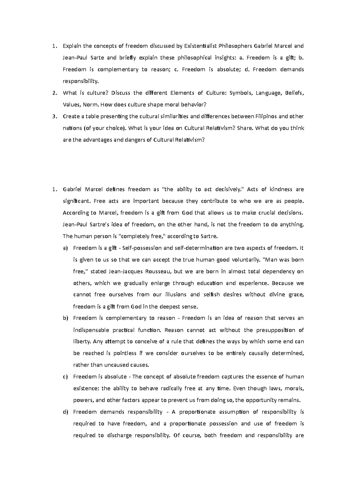 First Summative TEST - Explain the concepts of freedom discussed by ...