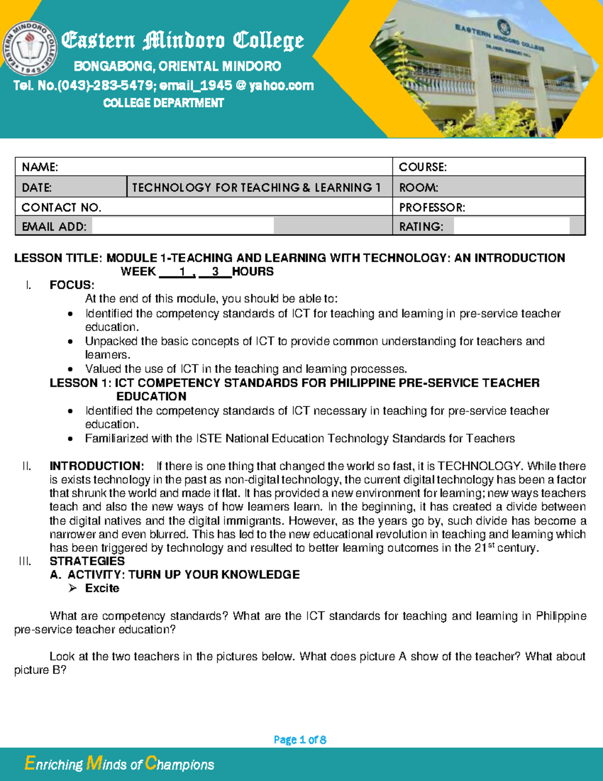 Module 1- Lesson 1 - TECHNOLOGY FOR TEACHING AND LEARNING - Page 1 of 8 ...