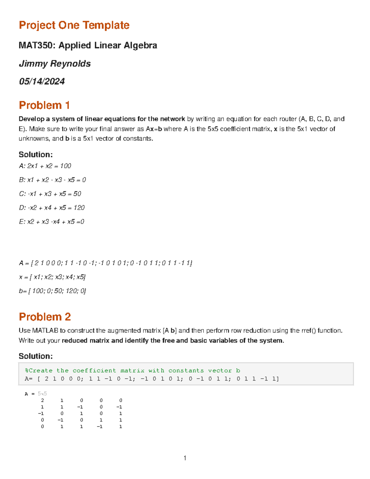 Project One Matrix Understanding Of Inputting Into Mathlab Project One Template Mat350 