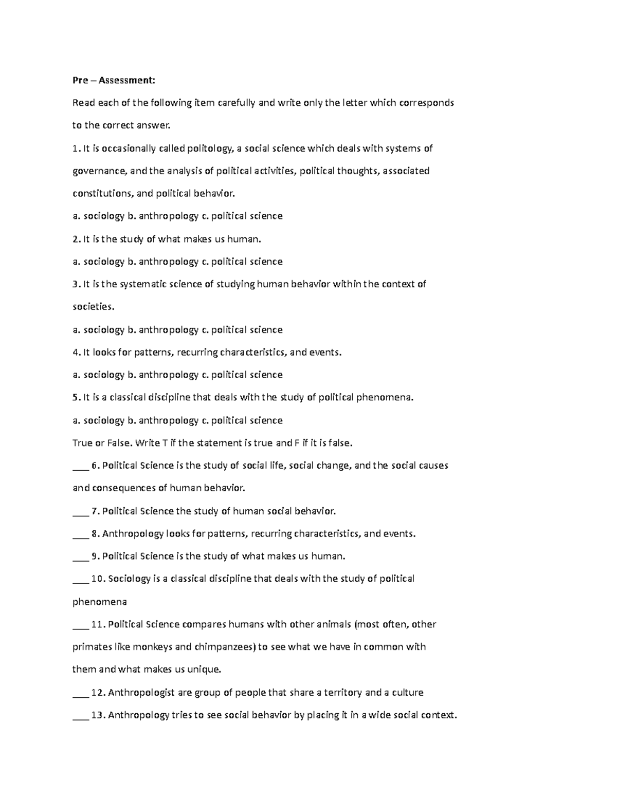 UCSP-LAS-Q2W1 - Pre – Assessment: Read each of the following item ...