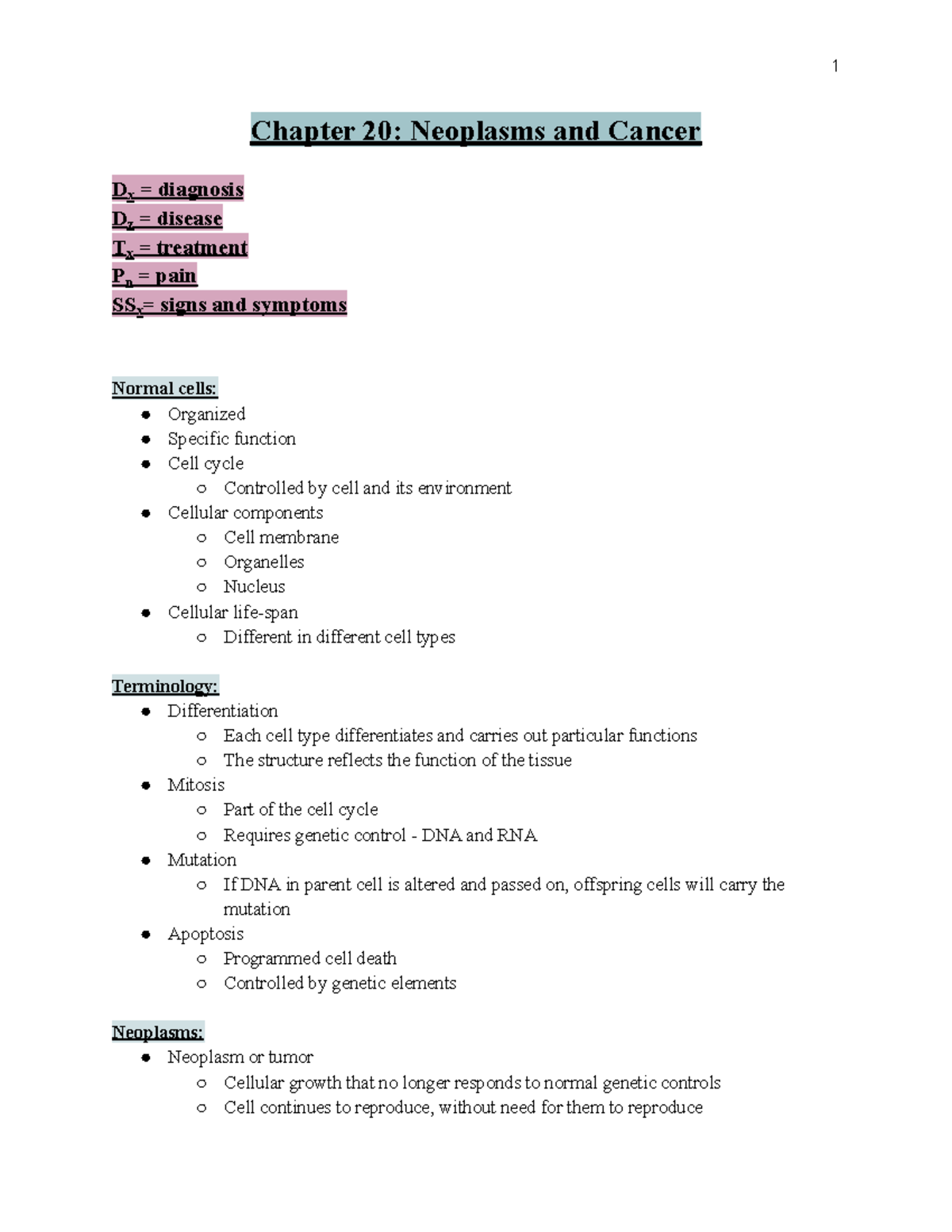 BMS lecture notes test 4 - Chapter 20: Neoplasms and Cancer Dx ...