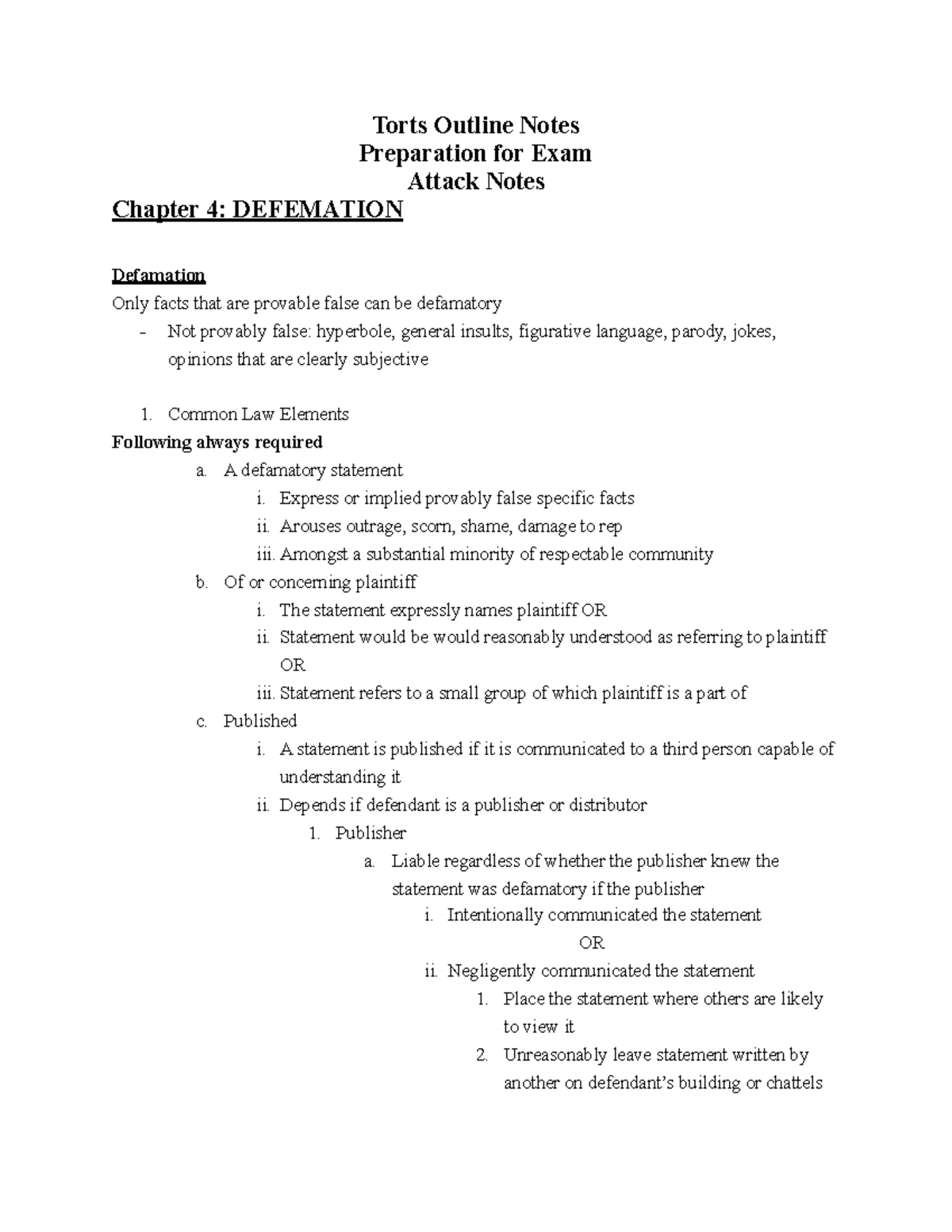 Ch 4 Defamation - Lecture notes 4 - Torts Outline Notes Preparation for ...