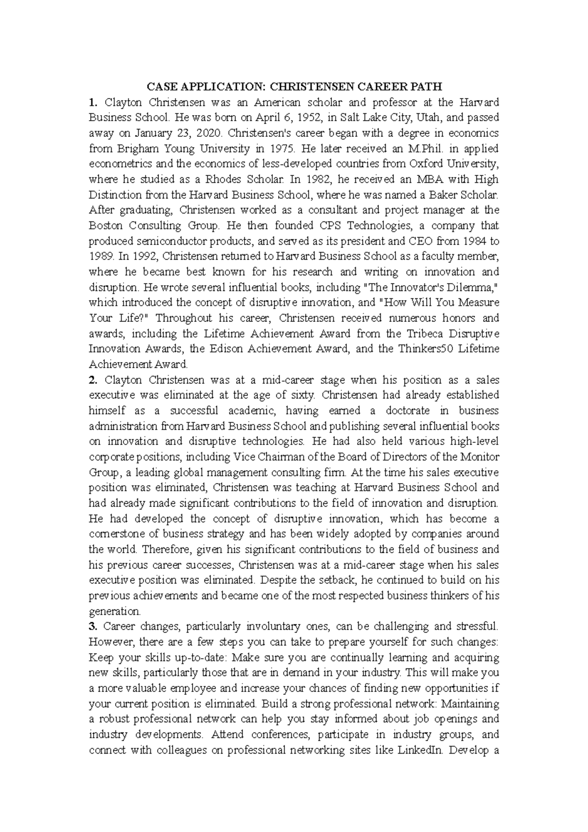 HRM - Case Study - CASE APPLICATION: CHRISTENSEN CAREER PATH Clayton ...