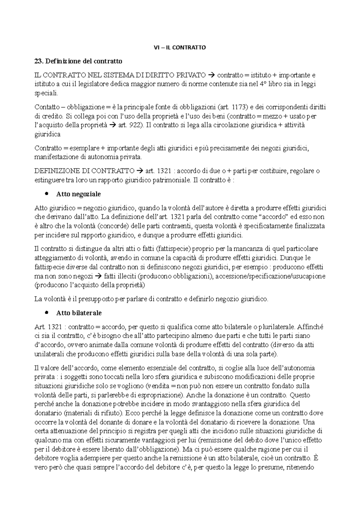 Riassunti 2 - riassunto diritto privato - VI – IL CONTRATTO Definizione ...