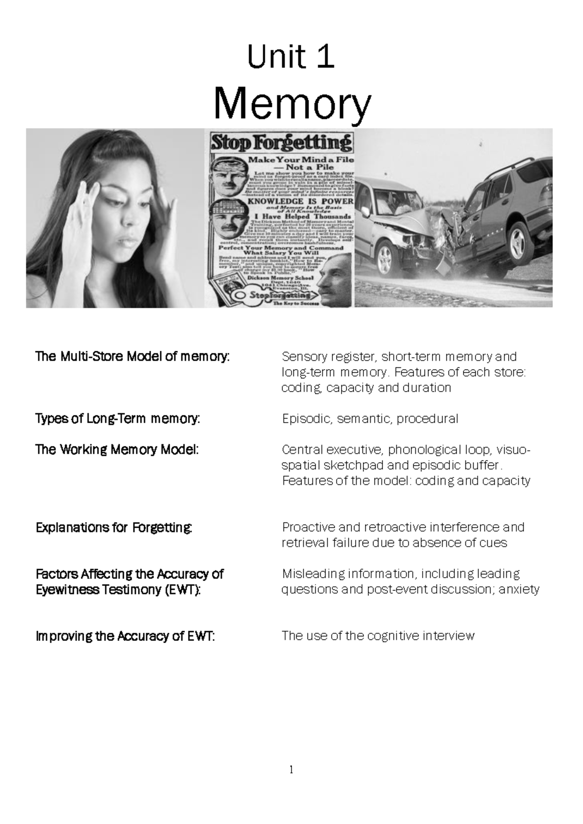 Memory pack revised for 2019 - 20 - Unit 1 Memory The Multi-Store Model of memory: Sensory ...