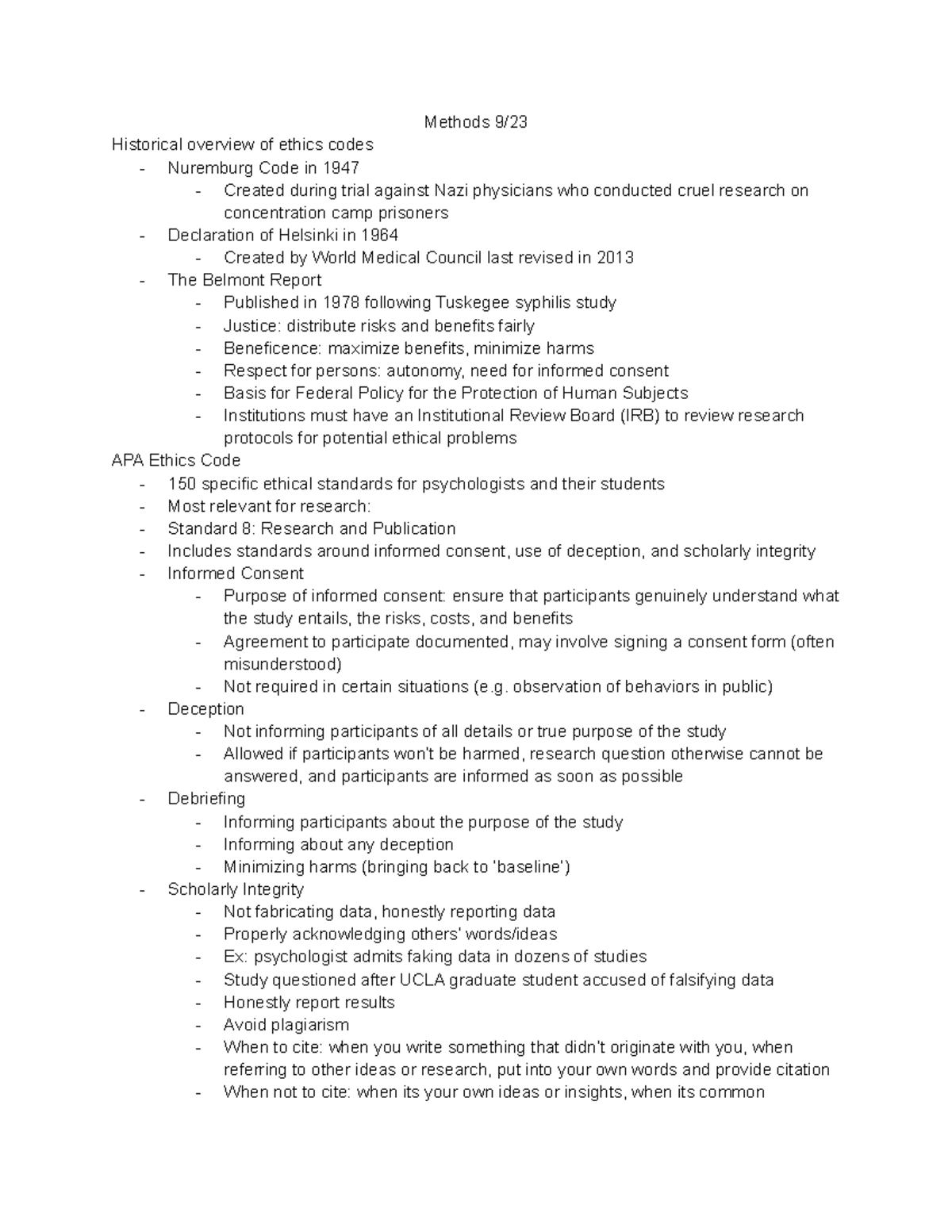 Methods 9 23 - Lecture notes for Psych 330 with Professor Best ...