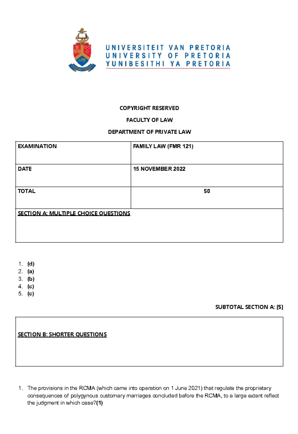 Family Law Semester Examination - COPYRIGHT RESERVED FACULTY OF LAW ...