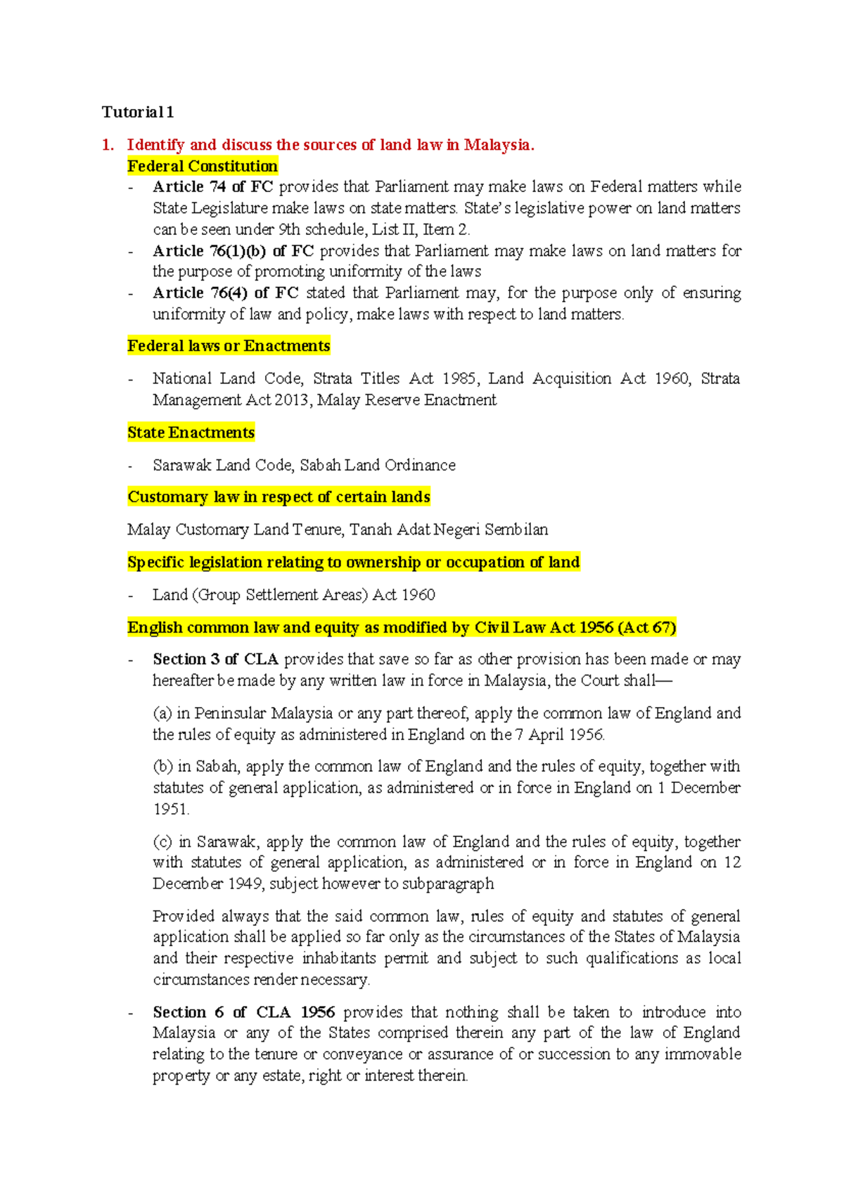 Tutorial 1 (land law tut 1) - Tutorial 1 Identify and discuss the sources of land law in ...