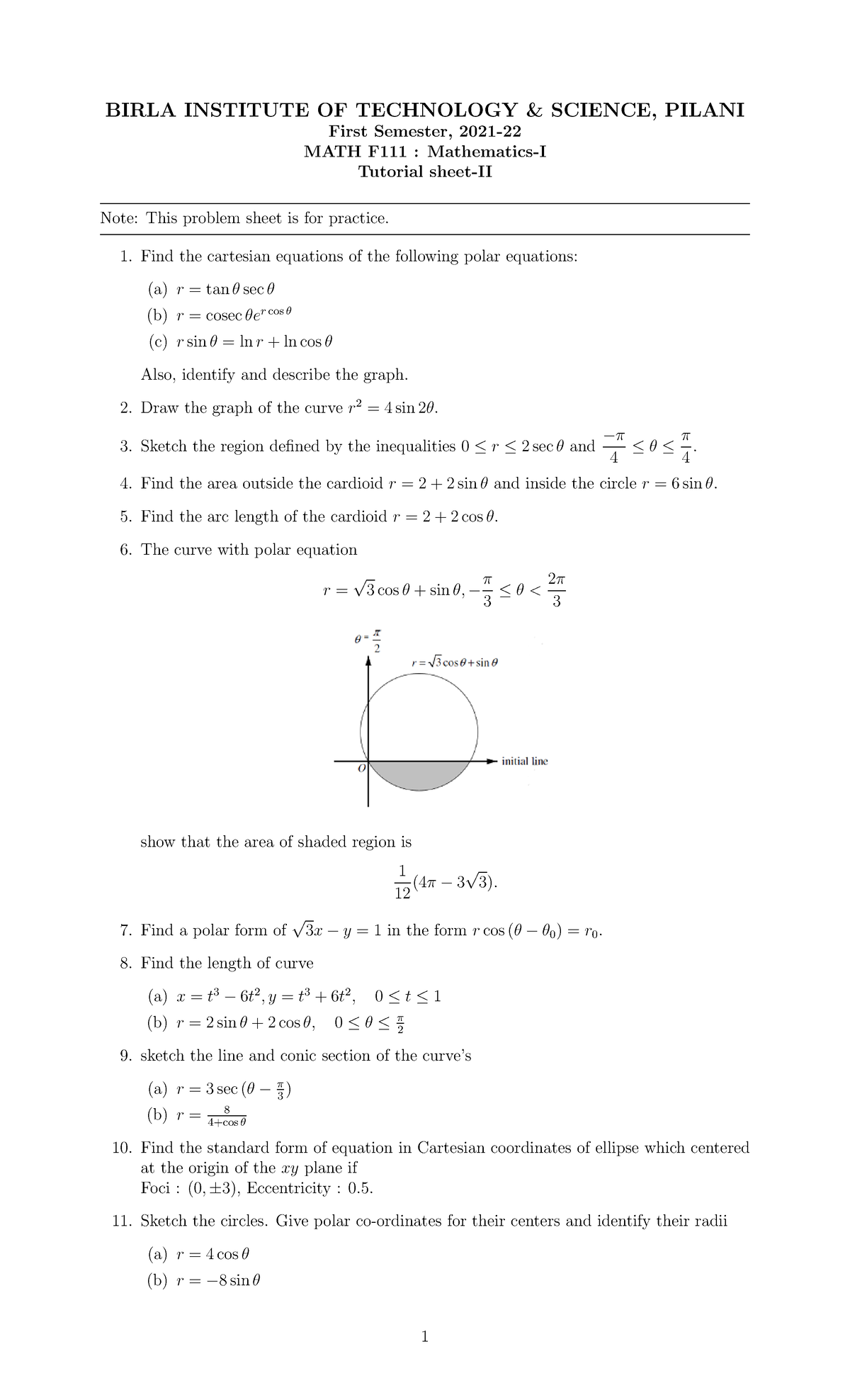 Tutorial sheet 2 - BIRLA INSTITUTE OF TECHNOLOGY & SCIENCE, PILANI ...