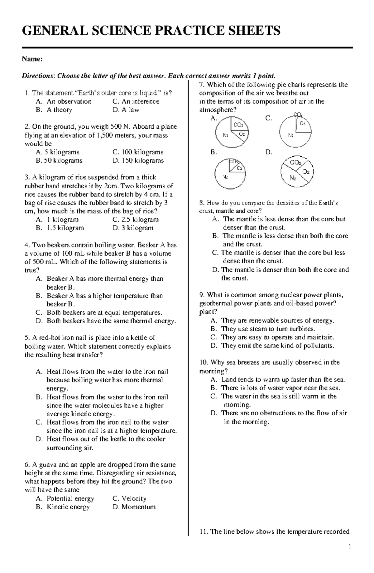 General Science Practice Sheets - N 2 CO 2 O 2 GENERAL SCIENCE PRACTICE ...