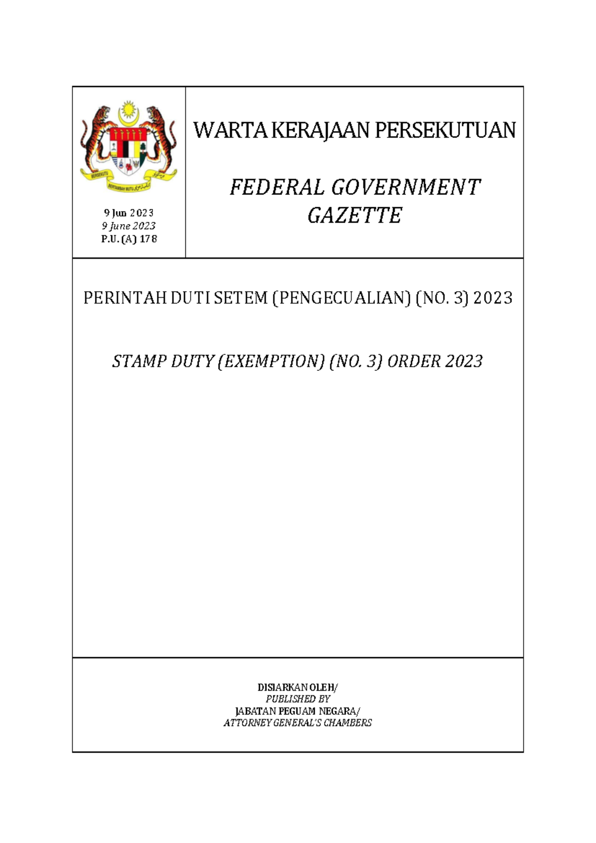 Pengecualian Duti Setem 1686534979 - 9 Jun 2023 9 June 2023 P. (A) 178 ...
