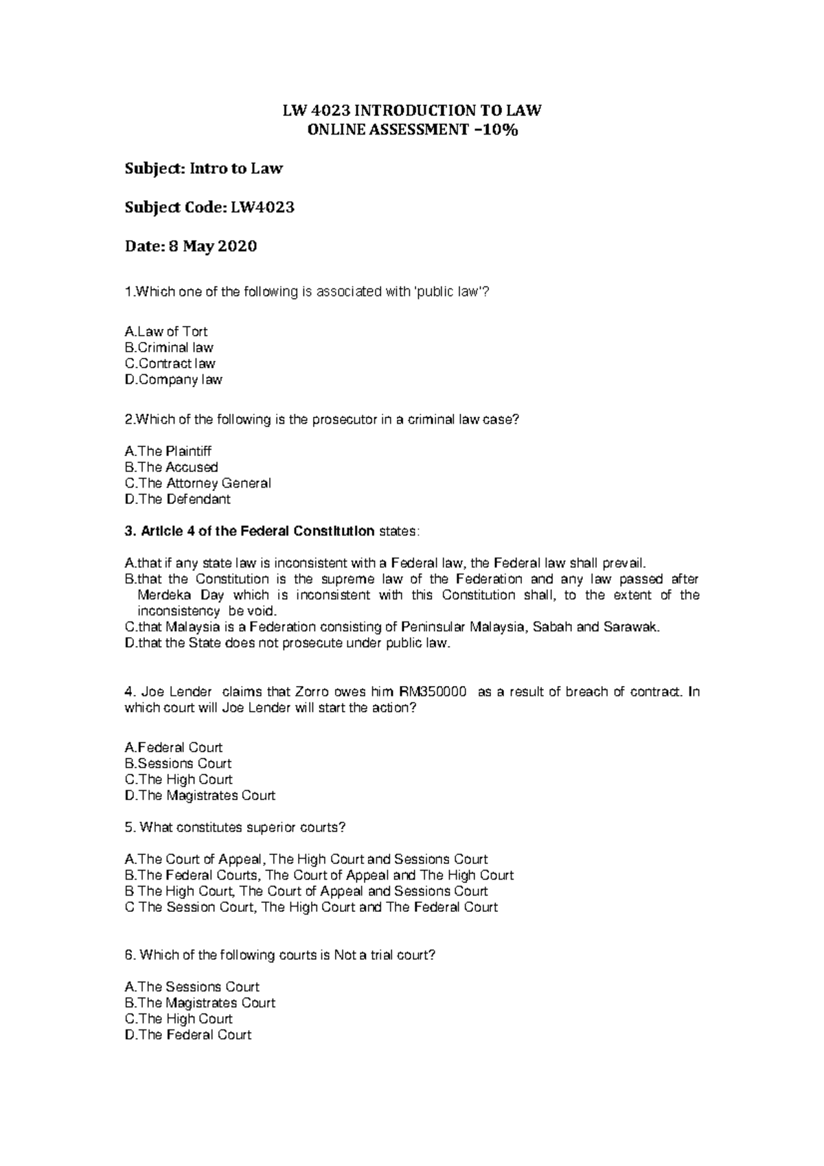 Intro to Law April 2020 QUIZ - LW 4023 INTRODUCTION TO LAW ONLINE ...