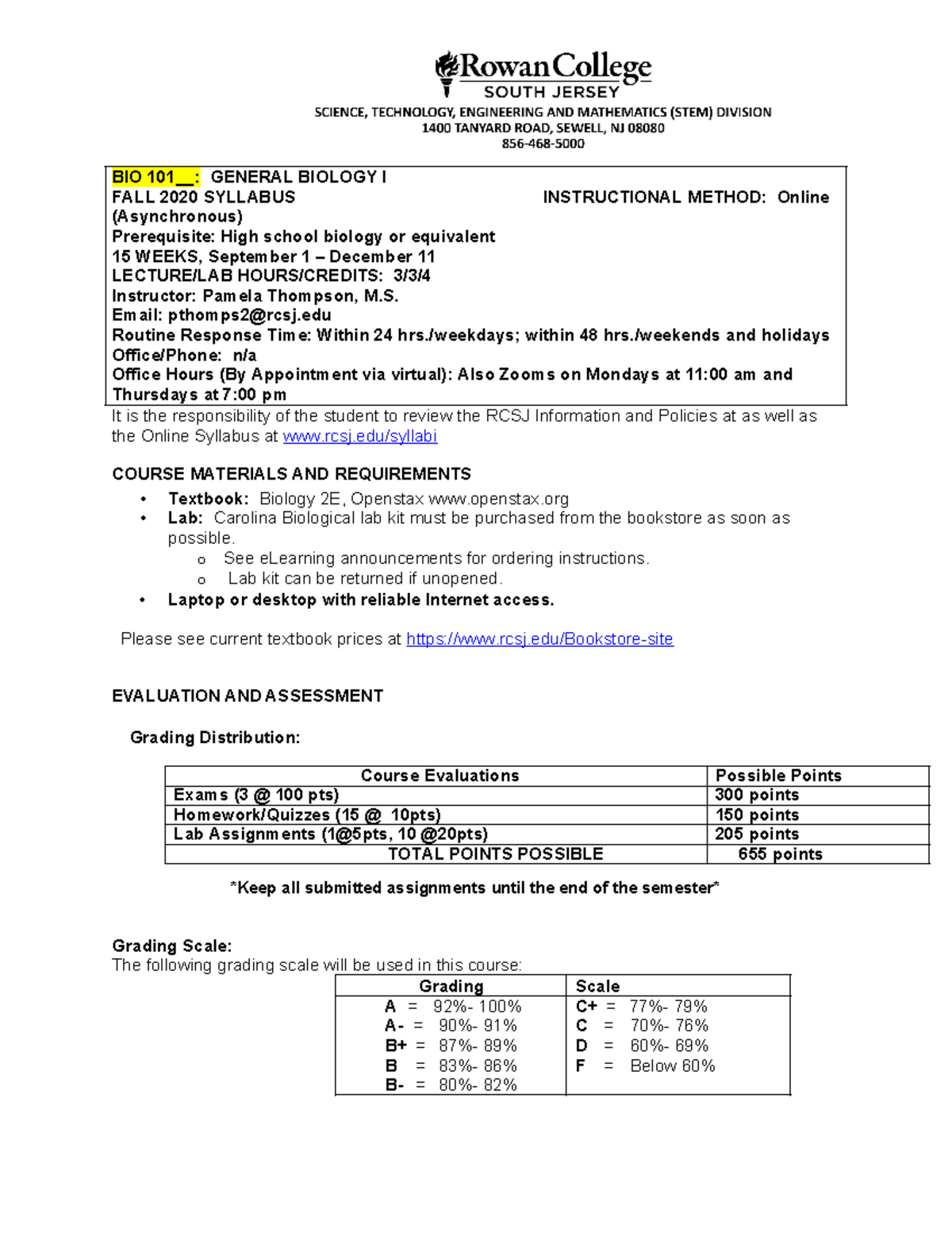 Bio101 fall 2020 syllabus Thompson - BIO 101__: GENERAL BIOLOGY I FALL 2020 SYLLABUS ...
